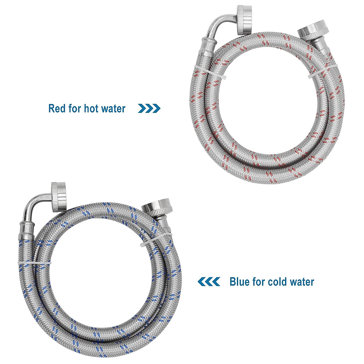 VALFLUIDS Stainless Steel Washing Machine Hoses with 90 Degree Elbow, Red and Blue Striped Water Connection Inlet Supply Lines (5 Foot)