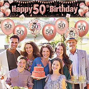 50th Birthday Decorations for Women Rose Gold and Black 50th Birthday Yard Banner and 18 PCS 50th Birthday Balloons for 50th Anniversary Birthday Party Party Supplies Indoor Outdoor Yard Decor