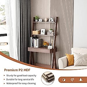 Tangkula Ladder Desk with Countertop & Drawer, Freestanding 2-Tier Ladder Shelf Desk, Modern Computer Desk Laptop Table with Storage Bookshelf, Anti-Toppling Device (Walnut)