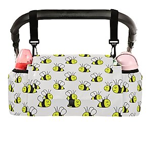 Sinestour Cute Animals Bee Stroller Organizer with Cup Holder Universal Stroller Organizer Bag Detachable Shoulder Strap Stroller Accessories for Diaper Phone Keys Toys Fit All Baby Stroller