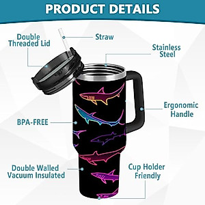 Flradish 30oz Tumbler with Handle, Colourful Sharks Stainless Steel Tumbler with Lid and Straws Double Wall Vacuum Insulated Leakproof Coffee Travel Mug