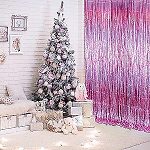 4 Pieces Foil Fringe Curtains Party Decorations Metallic Tinsel Curtain Glitter Foil Valentines Day Party Streamer 3.2 x 8.2 Feet Foil Photo Booth Backdrop for Birthday Baby Shower Holiday (Pink)