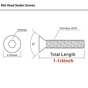 1/4-20 x 1-1/4" Flat Head Socket Cap Screws, Allen Socket Drive, Stainless Steel 18-8 (304), Full Thread, Bright Finish, 25 PCS