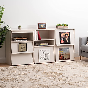 IRIS USA 2-Tier Wooden Shelf with Pocket Doors, Stylish Stackable Shelving Unit with 2 Retractable Flap Doors for Additional Photo Record Picture Storage, Off White