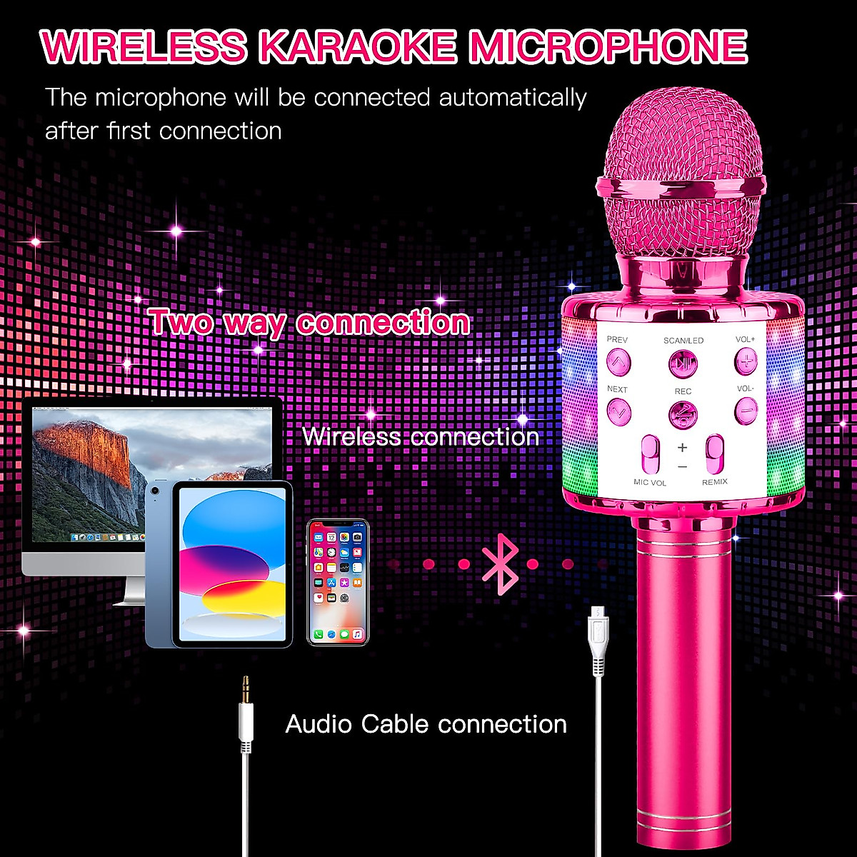 ShinePick Karaoke Microphone, 4 in 1 Wireless Microphone with LED Lights Handheld Portable Karaoke Machine, Home KTV Player, Compatible with Android & iOS Devices(Purple)