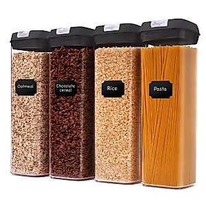 Cheer Collection One Size Airtight Food Storage Containers - Set of 4 IDENTICAL 65 oz Pantry Organizer Bins plus Marker and Labels - Black Lids