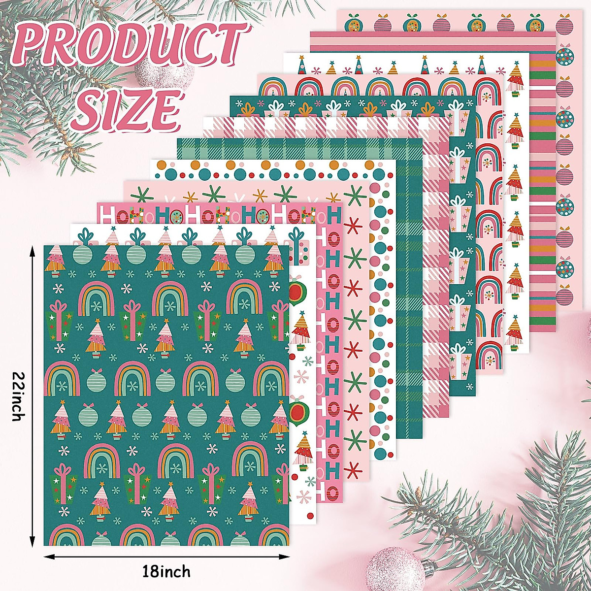 Whaline 12Pcs Christmas Cotton Fabric Bundles Xmas Tree Snowflake Gift Box Fat Quarters Pink Green Checkered Printed Sewing Fabrics for DIY Handmade Crafting, 18 x 22 Inch