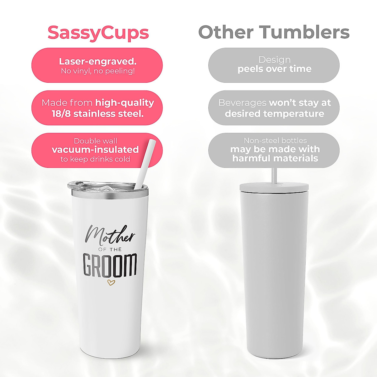 SassyCups Mother of the Groom Cup | Vacuum Insulated Stainless Steel Tumbler with Straw for Groom's Mom | Engagement Announcement | Travel Mug for Groom's Mothers | Bridal Party (22 Ounce, White)