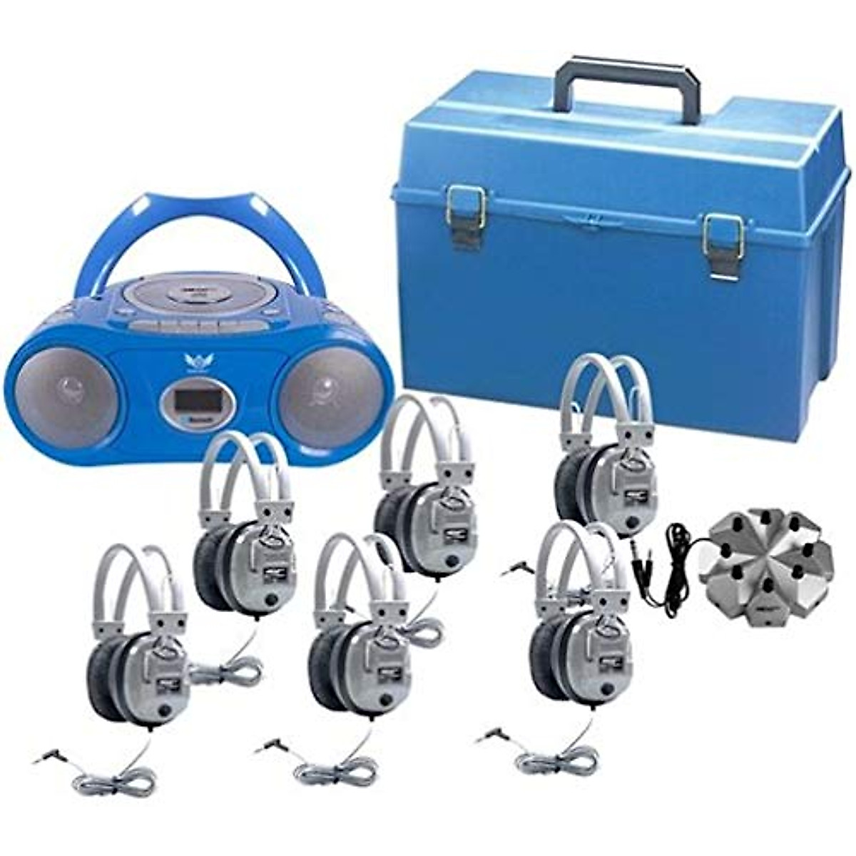 Hamilton Buhl 6 Person Listening Center with Bluetooth Cassette/CD/FM Boombox and Deluxe Over-Ear Headphones