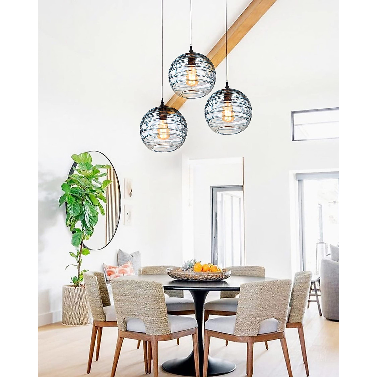 ARIAMOTION Pendant Lights Dining Room Coastal Lighting Fixtures Blue Stripe Seeded Glass Modern Style Ceiling Hanging Kitchen Island Beach House Sunroom Hallway Globe Lamp 9 Inch 2 Pack