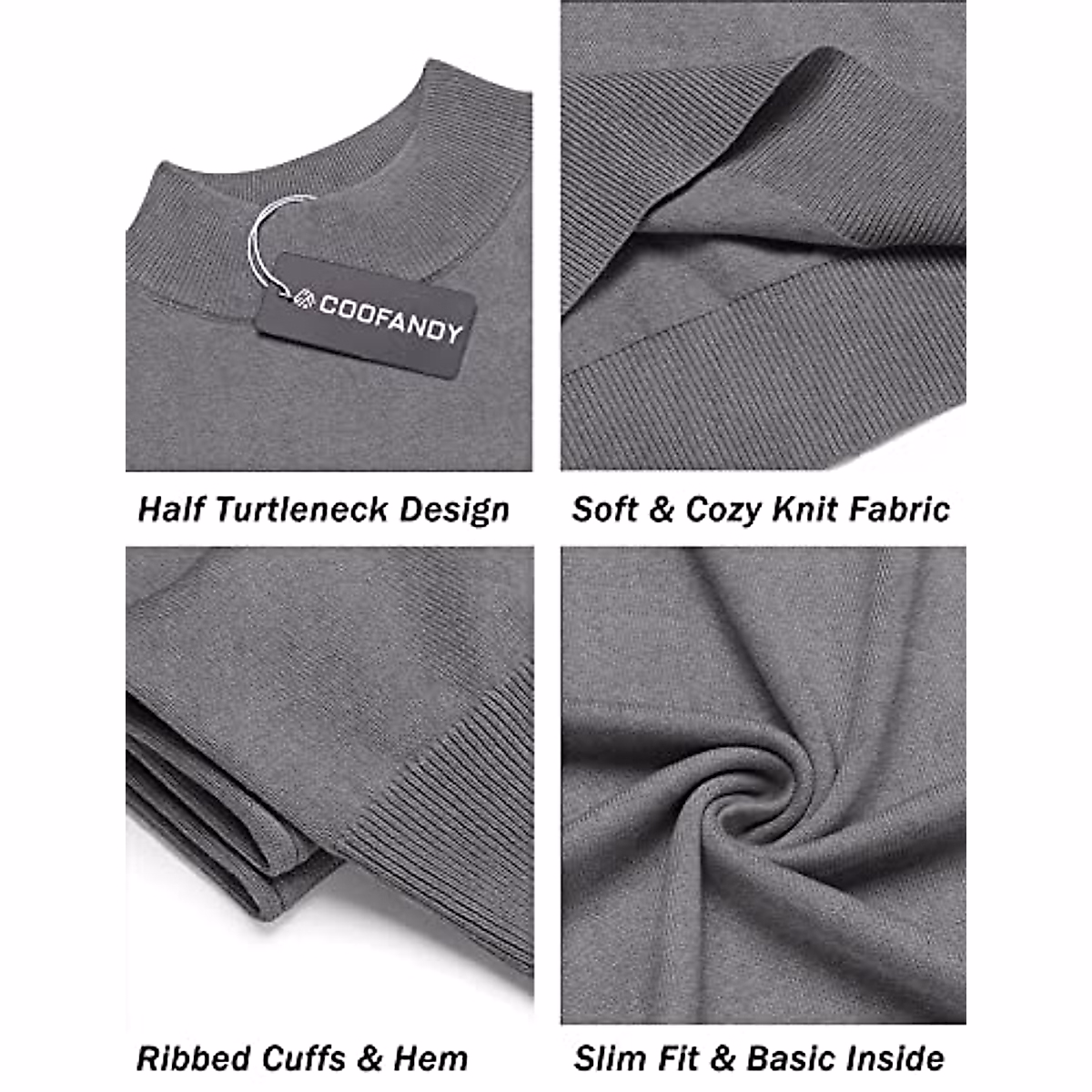 COOFANDY Mens Grey Mock Turtleneck Tops Short Sleeve Knitted T-Shirts Basic Thermal Pullover Sweater X-Large