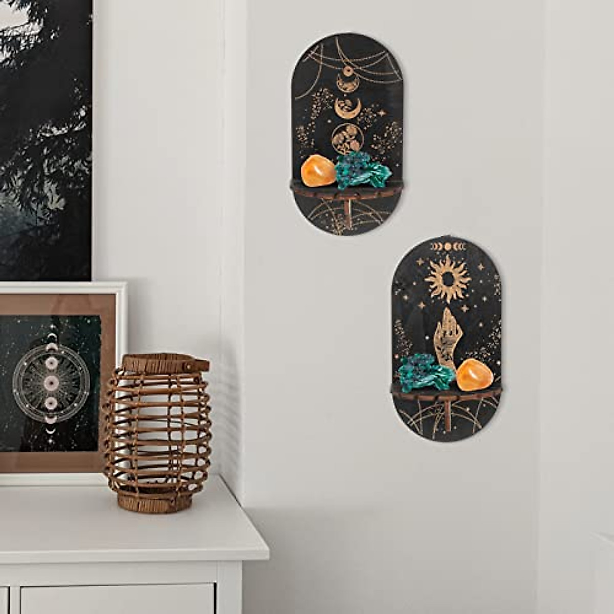Cabilock 2pcs Crystal Shelf Magical Hand Crystal Display Shelf Sun Moon Star Crystal Holder Wood Floating Shelf Witch Stuff Stand for Rock Gemstone Meditation Spiritual Gift