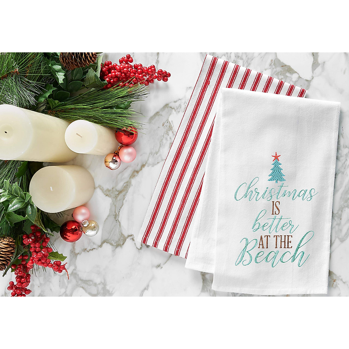 C&F Home Christmas is Better at The Beach Coastal Holiday Christmas Xmas Embroidered (Not Printed) Flour Sack Kitchen Towel Decor Decoration 18" x 27" White