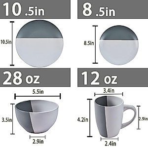 Lerinseu Round Dinnerware Set, 16 Piece Dishes set with 4-Piece Dinner Plates, Dessert Plate,Bowls and Mugs, Plate and Bowls set,Service for 4,Safety for Microwave & Dishwasher（Grey white）