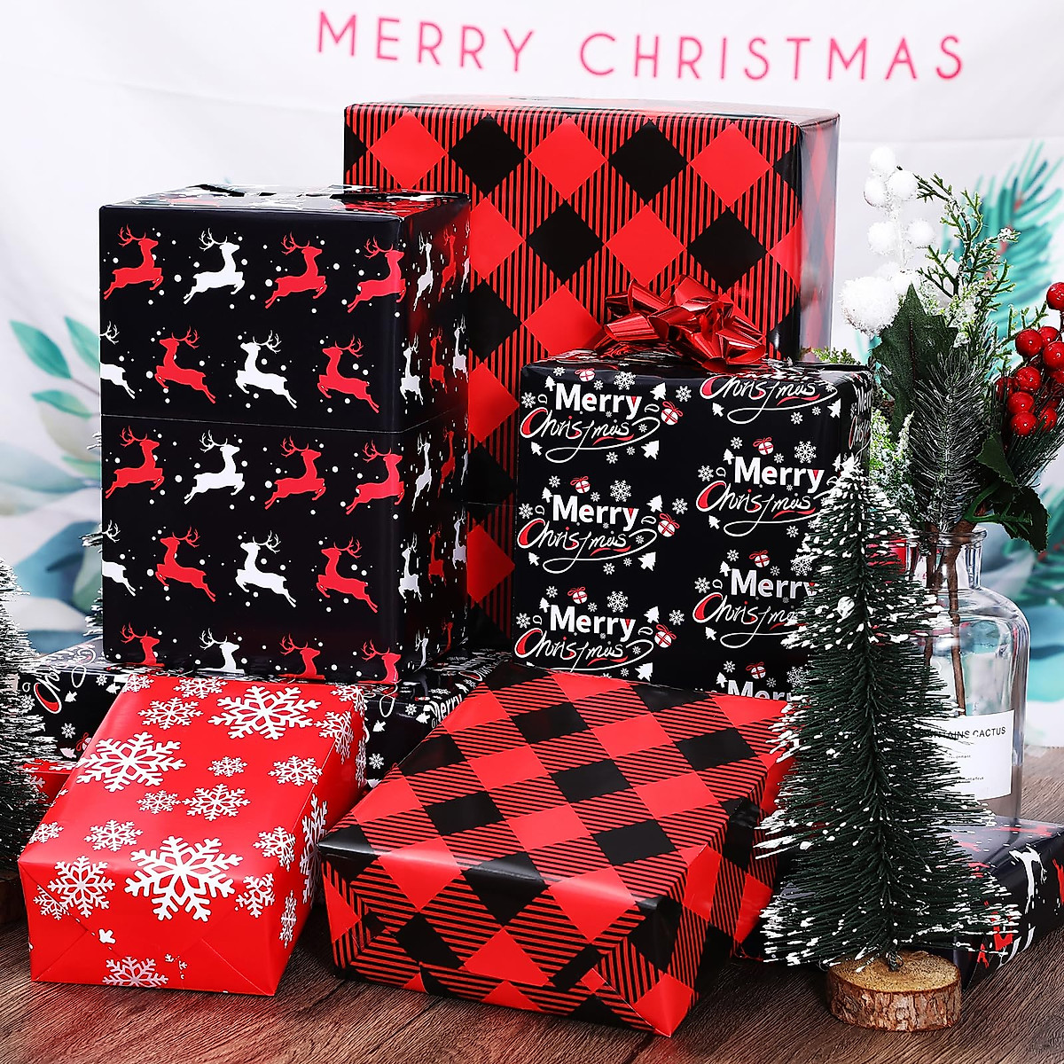 PlandRichW Christmas Wrapping Paper 12 Sheets Folded for Kids Boys Girls Men Women Gifts. Red, Black and White, Greetings, Reindeer, Plaid and Snowflakes, 20 X 29 Inches Each