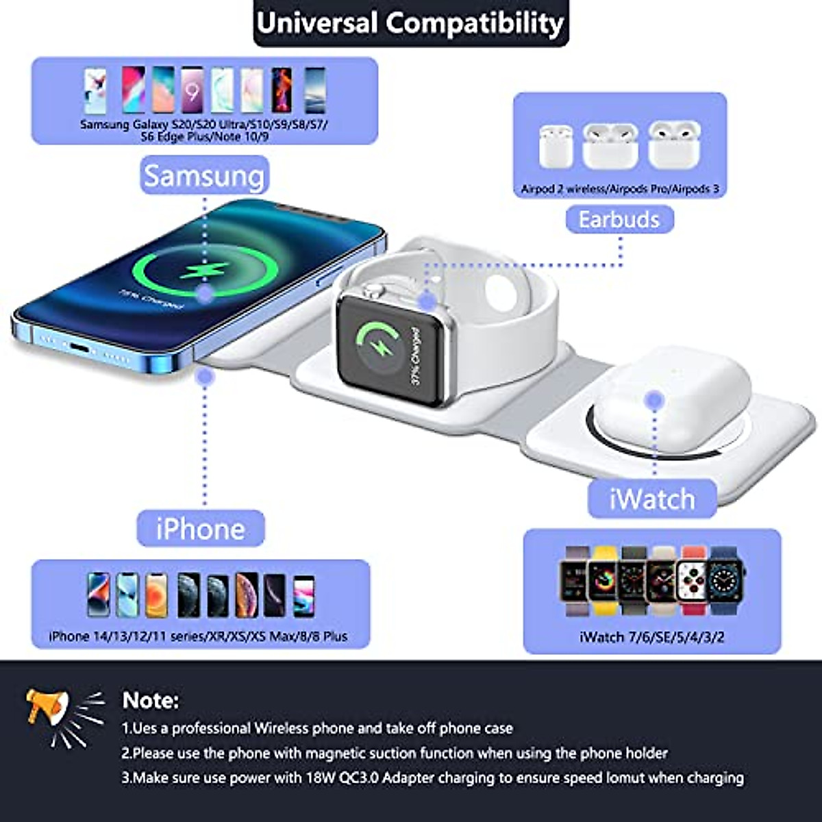 3 in 1 Magnetic Foldable Wireless Charger,3 in 1 Charging Station for Multiple Apple Devices-Travel Charging Pad Dock,for iPhone14/Pro/Max/Plus/13/12 AirPods 3/2/Pro,iWatch(Adapter not Included)