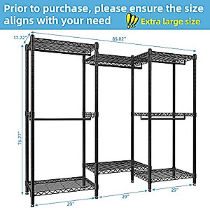 PUNION Portable Wardrobe Rack, 7 Tiers Wire Shelving Black Garment Rack, Compact Extra Large Clothing Racks Metal with 5 Hanging Rods, 1 Pair Side Hooks for Hanging Clothes