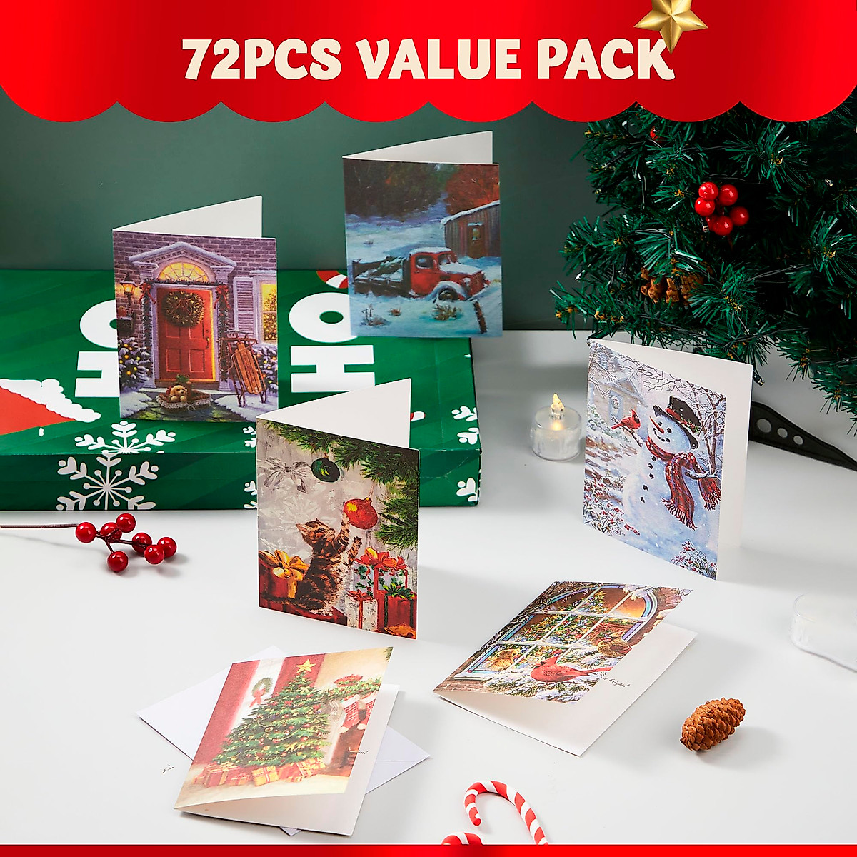JOYIN 72 PCs Cute Merry Christmas Greeting Cards with Envelopes for Holiday Parties, Gift Giving, Winter Christmas Season, present Giving, Xmas Gifts Cards