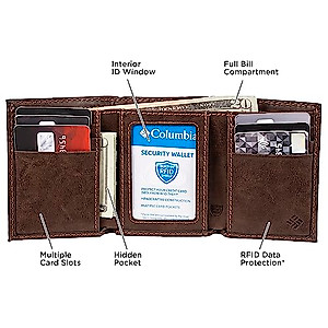 Columbia Men's RFID Genuine Leather Trifold Wallet With ID Window, Credit Card Pockets