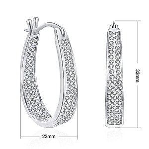 Crystal Hoop Earrings - Silver Plated Inside Out Oval Shape Hoop Earrings for Women, 1.2 Inch (White)