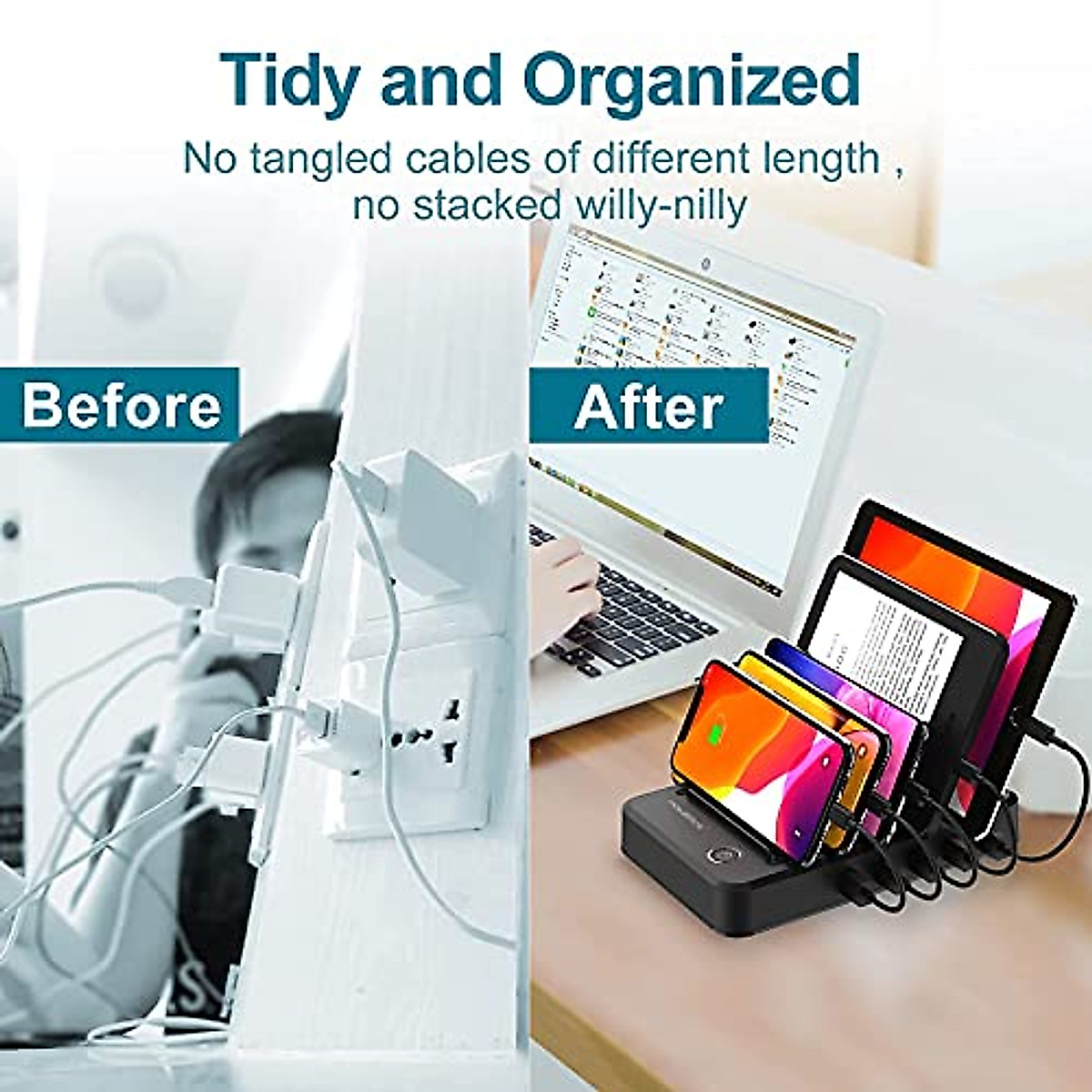 Charging Station for Multiple Devices 5 Ports with 6 Mixed Charging Cables Multi USB Charger Station Organizer for Cell Phones Tablets Tab Electronics Tech Gadget