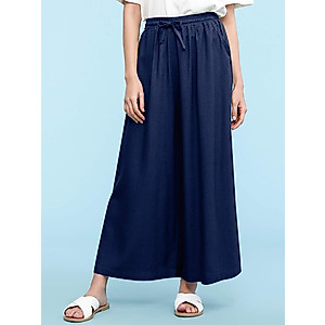 LL Womens Washed Linen Casual Loose Wide Leg Pants Pocket Pant with Draw String XL Navy