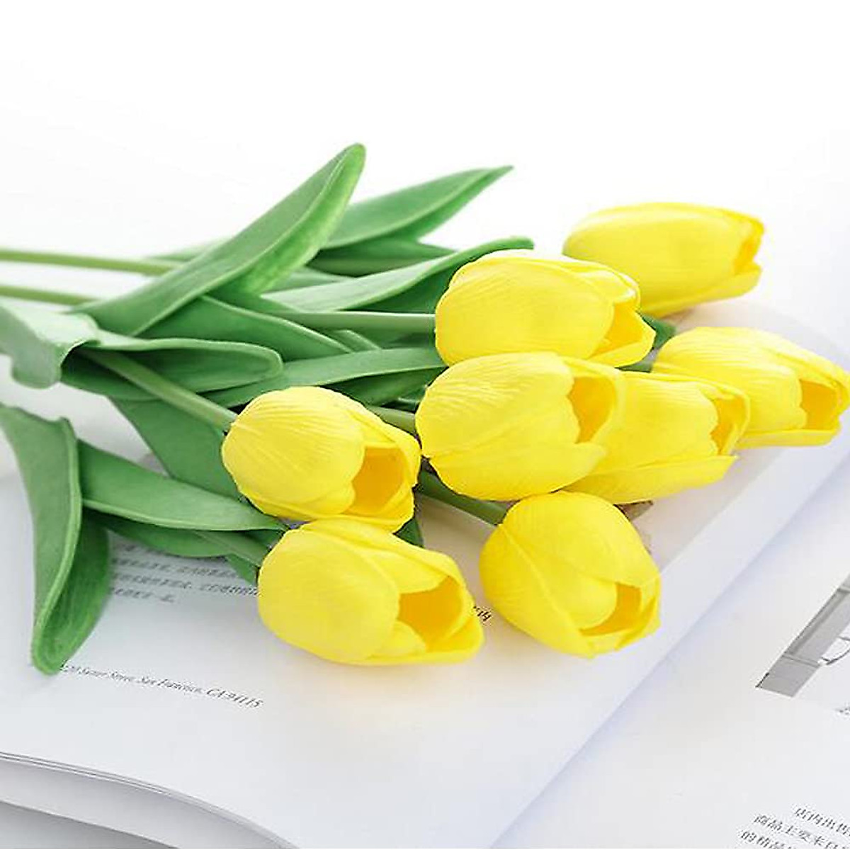 BOMJJOR 20 Heads Tulips Artificial Flowers Real Touch Tulips Silk Artificial Tulips Flower Bouquet for Room Centerpiece Party Wedding Office Garden Home Decor 13.4" Authentic PU Tulips (Yellow)