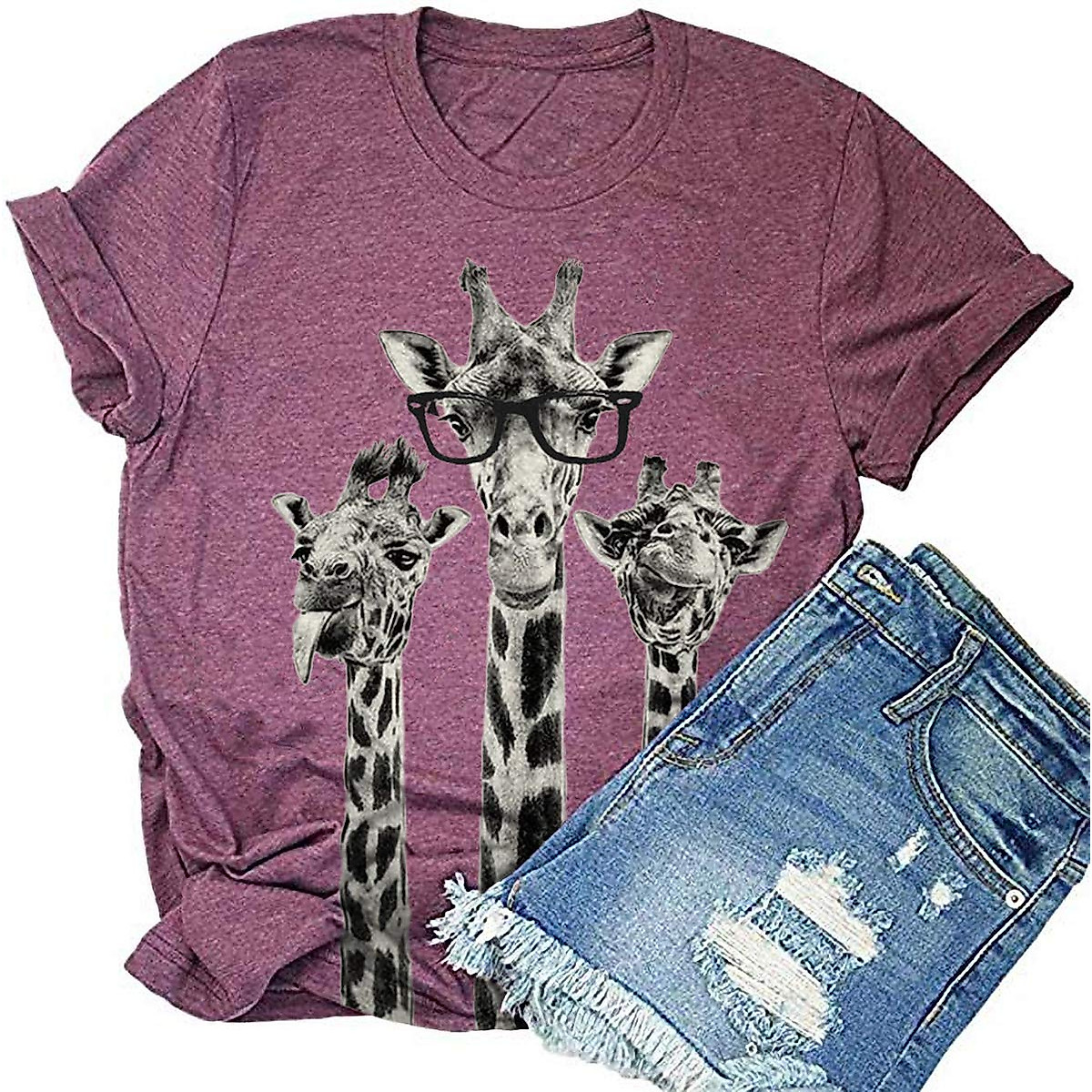 Beopjesk Womens Summer Giraffe Printed T-Shirt Funny Cute Animal Graphic Tees Tops (S, V-Red)