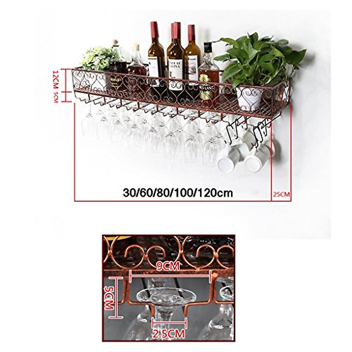 Stylish Simplicity European Hanging Wine Rack Goblet Rack Creative Upside Down Wine Glass Rack Restaurant Bar Wrought Iron Rack Wall Hanging Wine Racks, PIBM, Bronze, 60 * 25cm