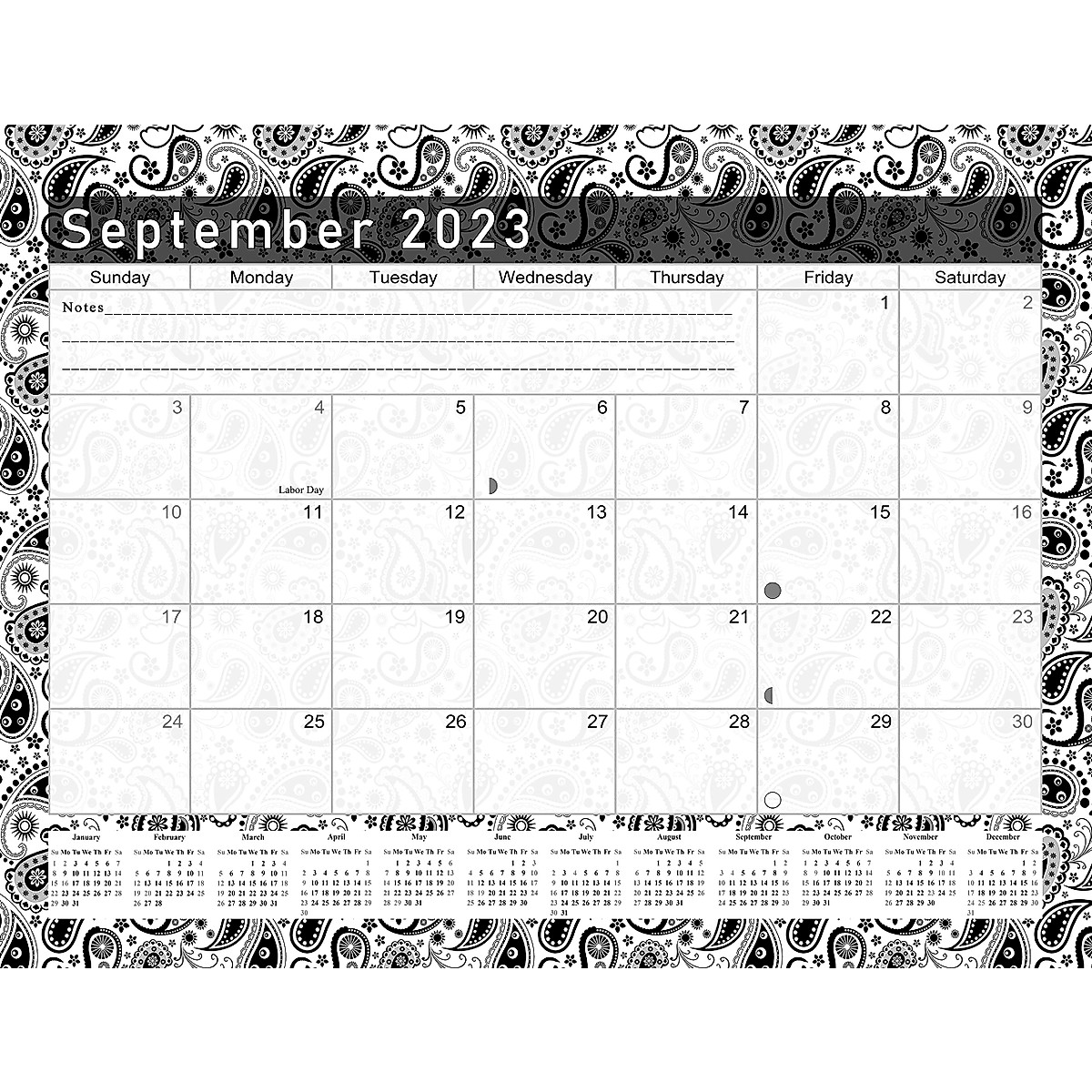 2023-2024 Monthly Spiral-Bound Wall/Desk Calendar - 16 Months Desktop/Wall Blotter Calendar/Planner - (Black&White Paisley - Edition #011)