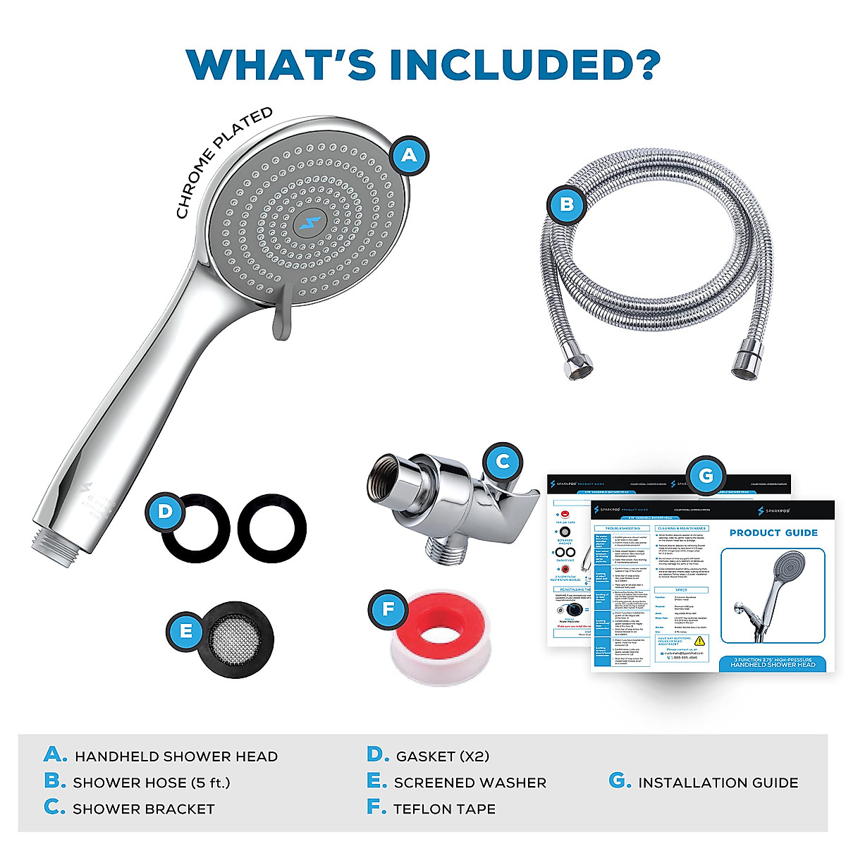 SparkPod High Pressure 3-Function Handheld Shower Head with 5 ft. Hose and Bracket - 3.75" Wide Angle Rain, Massage & Full Body Spray Modes - 1-Min Installation (Luxury Polished Chrome)