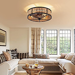 EKIZNSN Boho Caged Ceiling Fan with Light, 20 Inch Modern Boho Bladeless Ceiling Fan, Low Profile Flush Mount Ceiling Fans with Lights for Bedroom (5 E26 Bulbs Included)