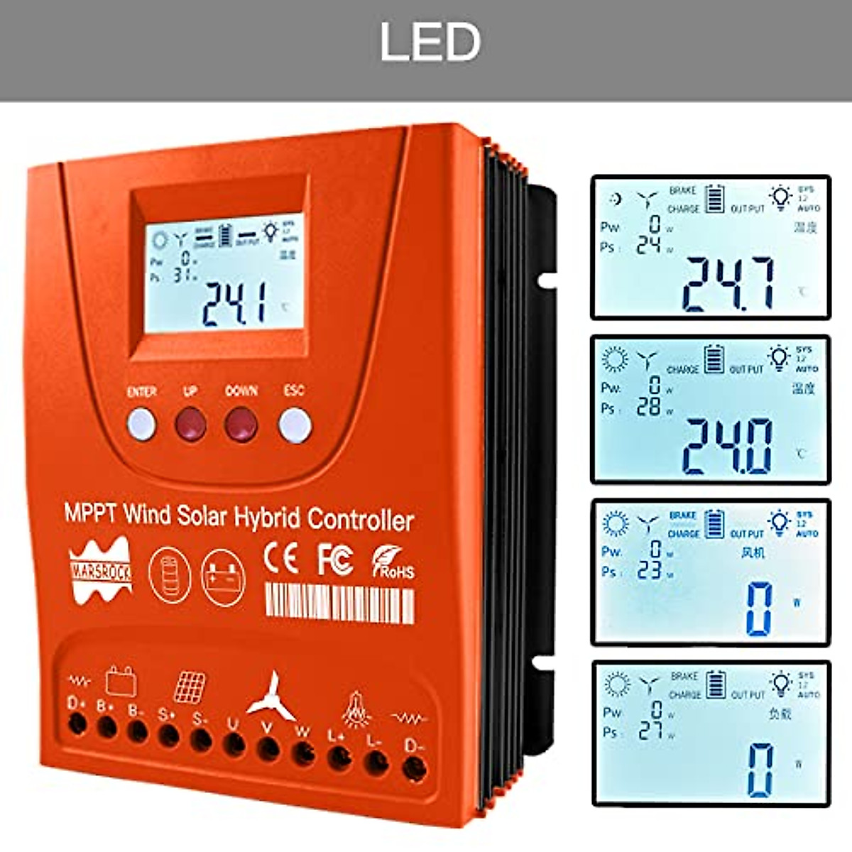 Mars Rock 3000W 12V 24V 48V 0~1500W Wind 0~1500W Solar MPPT Wind Solar Hybrid Controller Pioneer Version Charge Lithium & Lead Acid Gel Battery (12V/24V Auto)