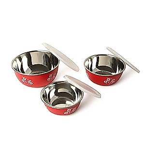 King International Microwave Safe Stainless Steel Red Designer Round Airtight Lid Food Storage Containers Set of 4,Stackable Mixing Bowl with Lid, Tiffin, Lunch Box
