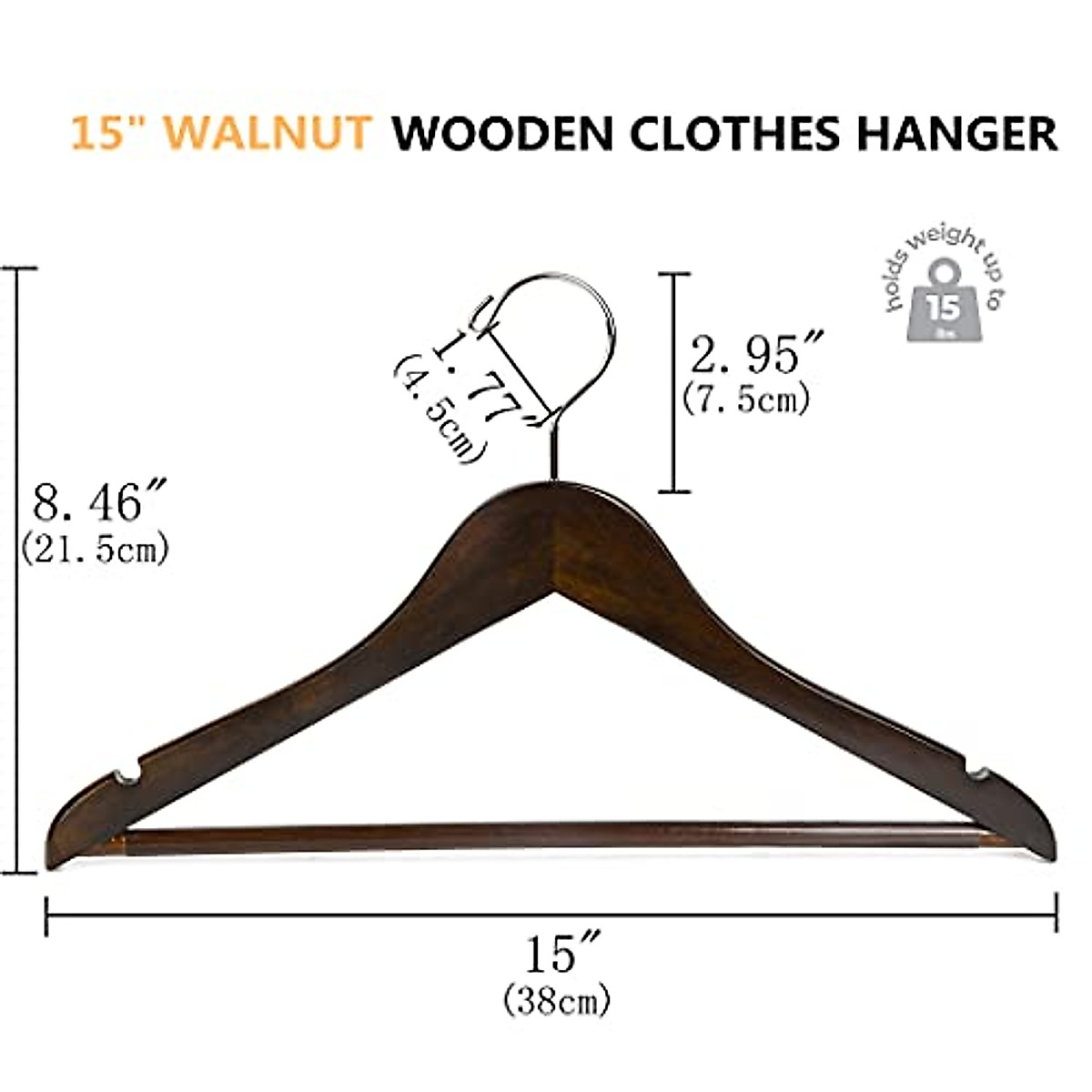 Amber Home 15" Walnut Wooden Clothes Hangers for Woman 20 Pack, Teenager Clothing Hangers for Shirt Jacket, Solid Wood Dress Coat Hangers with Non Slip Pants Bar (Walnut, 20)