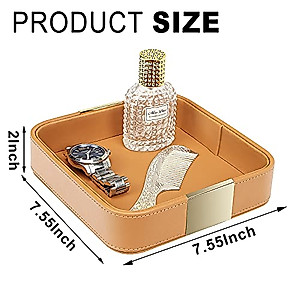 SANZIE Luxury Leather Desktop Storage, Small Catchall Organizer, Decorative Tray for Entryway Table to Hold Jewelry,Watch,Cosmetics,Keys,Phone,Wallet,Home & Office Accessories (Orange)