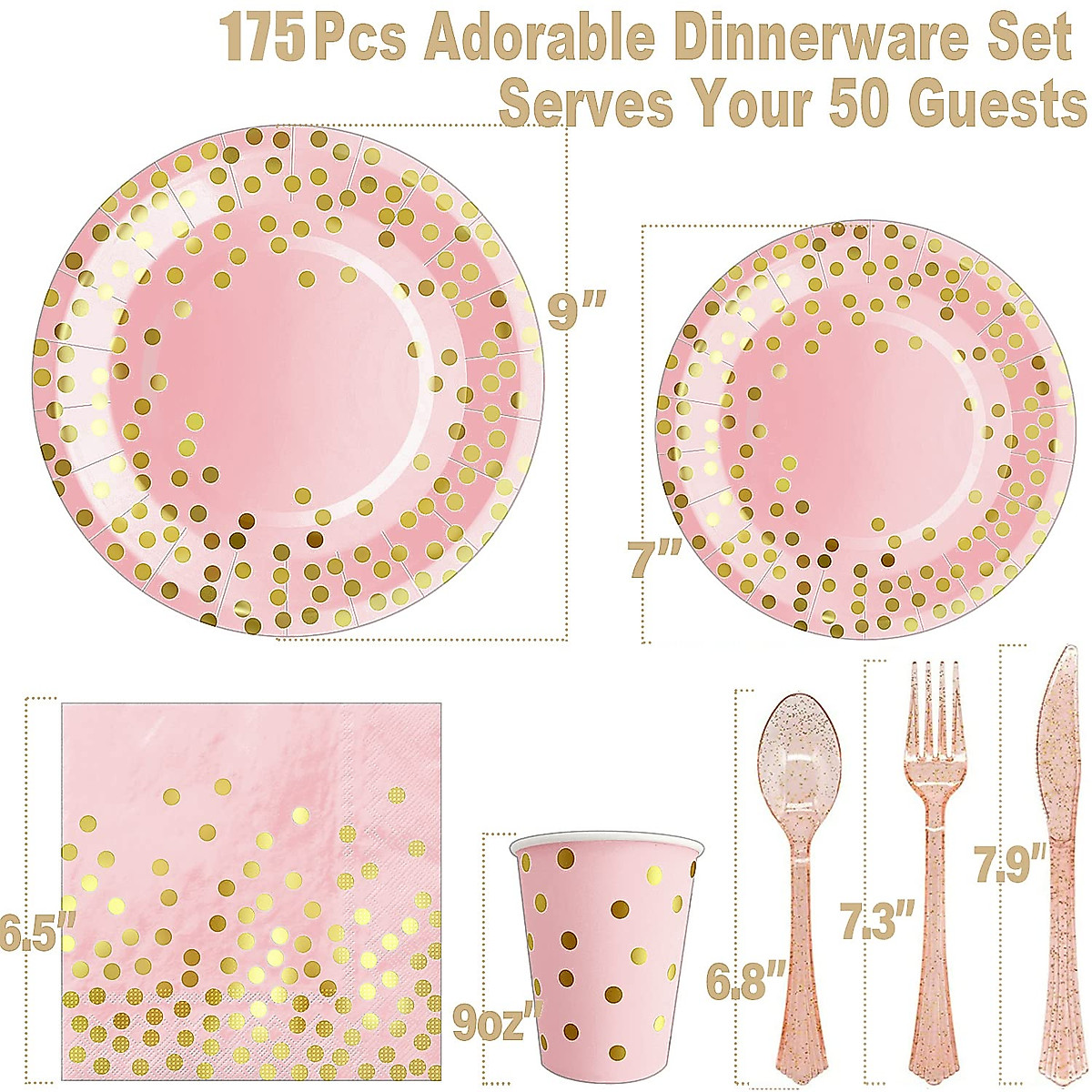 175PCS Pink Rose Gold Plates Napkins Party Supplies, Severs 25 Disposable Party Pink Plates, Plastic Forks Knives Spoons, Golden Dot Paper Plates, Napkins Cups for Baby Shower Decorations Pink Party