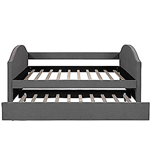 ATY Upholstered Full Size Daybed with Twin Size Trundle, Sofa Bed Bedframe Design for Small Space, Bedroom, No Box Spring Needed, 80.3" L x 55.1" W x 36.8" H, Gray