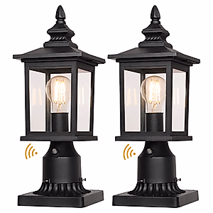PARTPHONER Dusk to Dawn Outdoor Post Lights with Pier Mount Base, Waterproof Outside Pole Lantern Light Fixture, Exterior Lamp Post Lantern Head with Clear Glass Panels for Garden Patio, 2 Pack