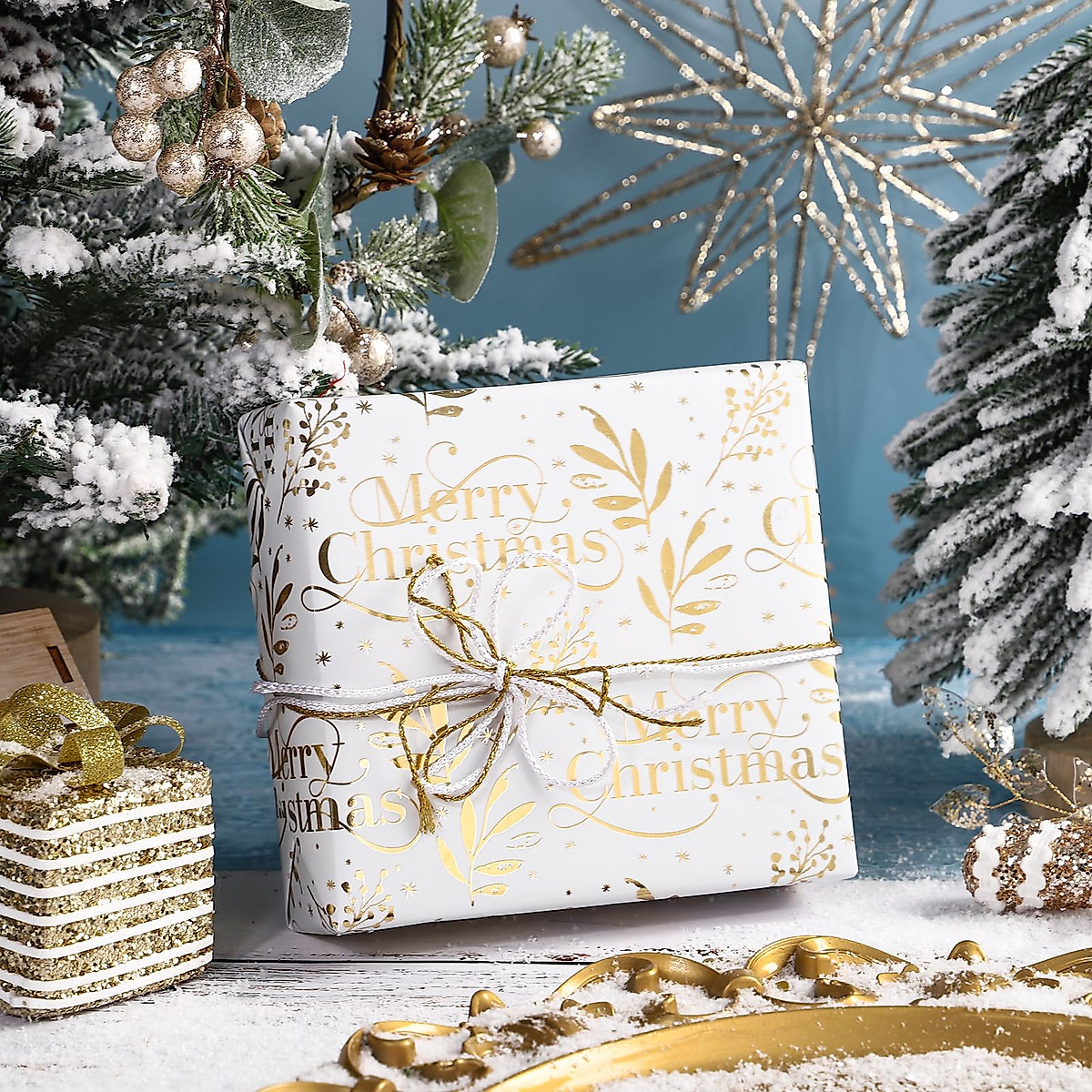 RUSPEPA Christmas Wrapping Paper - Reindeer, Snowflake, Flower and Text Design with Metallic Foil Shine - 4 Rolls - 30 Inches x 10 Feet Per Roll
