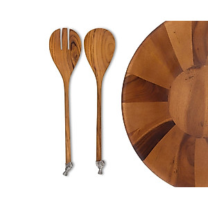 Vagabond House Acacia Wood Salad Bowl With Teak Salad Servers with Metal Song Bird Ends - Spring Servers and Bowl Set 16 inch Diameter x 5 inch Tall