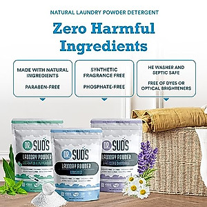 Dr Suds Laundry Powder Variety Bundle 3 Pack 192 Ounces Total Three 64 Oz Pouches Scented with Lavender and Eucalyptus Plus Unscented Variant Made in USA