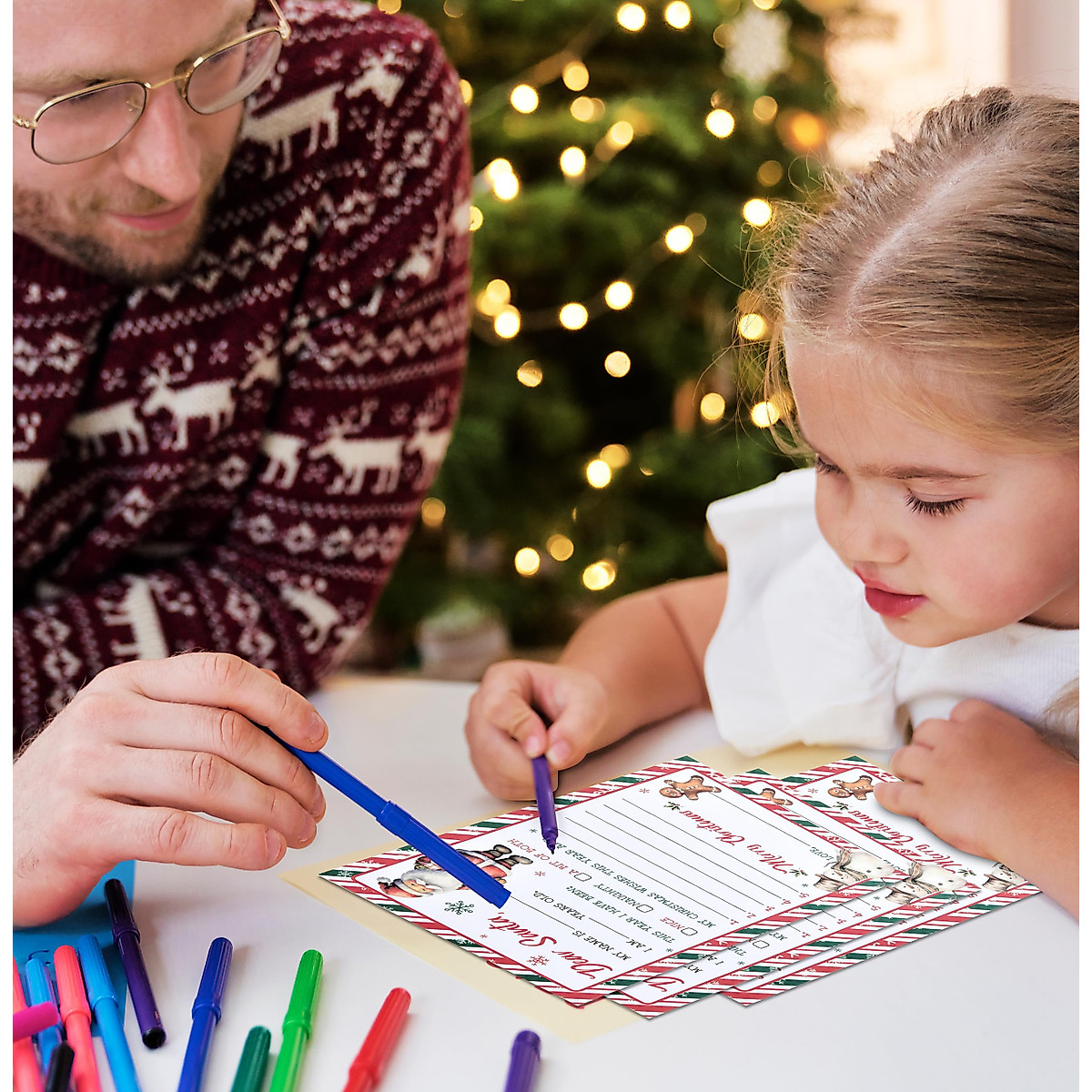 12 Christmas Official Letter To Santa Writing Kit Stationary Paper Sheets with Red Envelopes Address & Seal Stickers Holiday Family Tradition Nice & Naughty Wish List