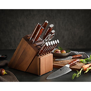 XINZUO Damascus Steel 15Pcs Kitchen Knife Block Set with Honing Steel and Kitchen Shears, Sharp Forged Cooking Knife Set -Chef Santoku Slicing Boning Utility Paring Knife and 6Pcs Steak Knife Set
