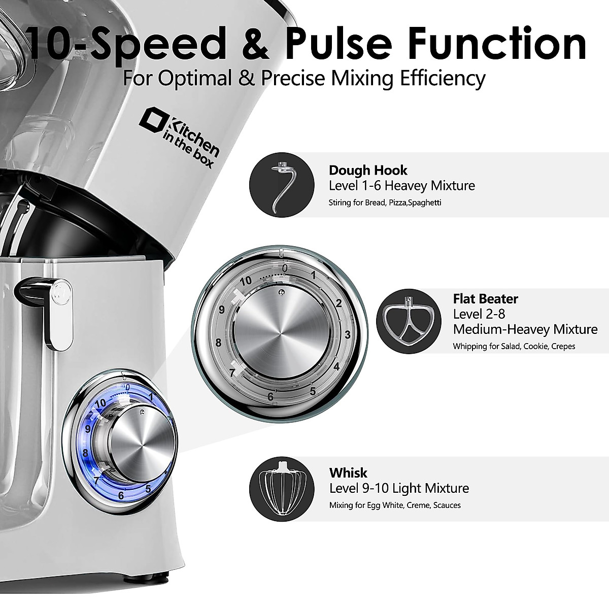 Kitchen in the Box Stand Mixer, 900W 8.5 QT Kitchen Electric Mixer, 10-Speed Large Capacity Tilt-head Food Mixer with Dough Hook, Wire Whip, Flat Beater & Splash Guard (Silver)