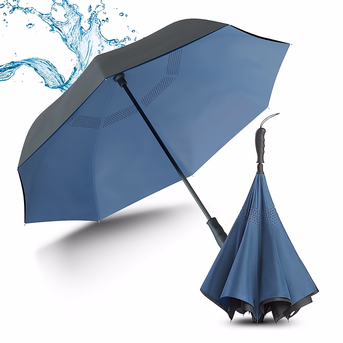 PUREVACY Reverse Umbrella with Sturdy Shaft, 8 Reinforced Ribs, Teflon Coating, Black-Navy Blue Inverted Umbrella Compact, Windproof Upside Down Umbrella for Women, Men, Inside Out Umbrella