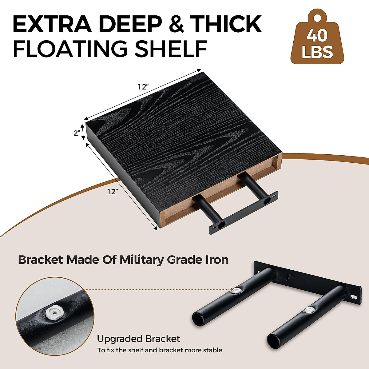 Black Floating Shelves 24 inches Long Set of 3, Bathroom Wall Shelves Over Toilet for Towels, Modern Wood Mounted Storage Shelf for Bedroom Living Laundry Room Kitchen Office Closet