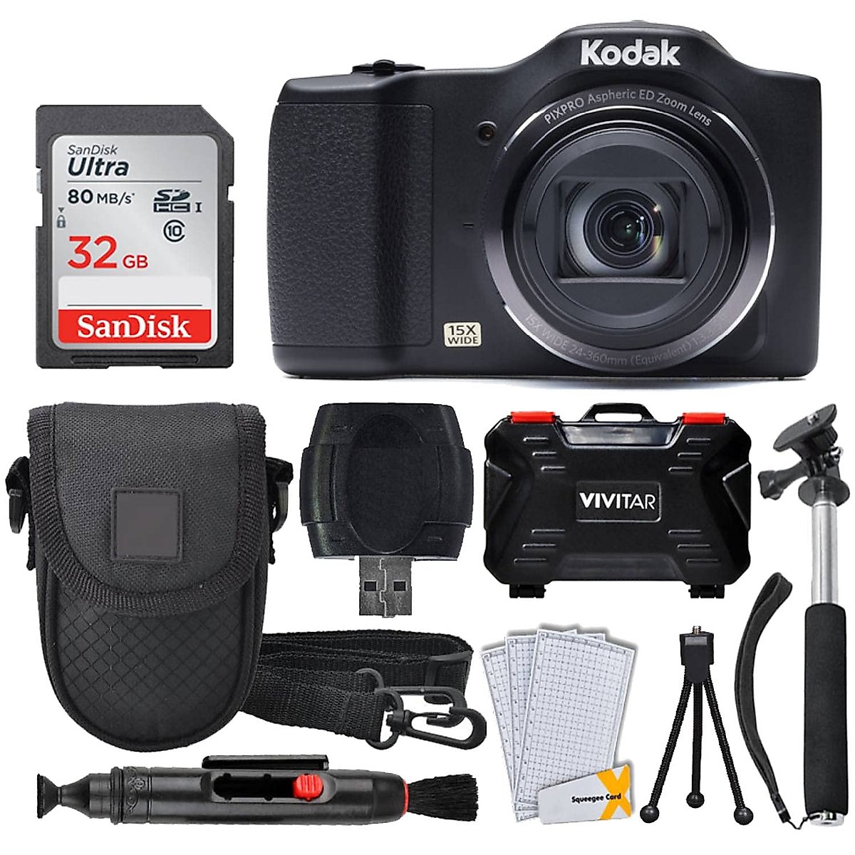 Kodak PIXPRO FZ152 Digital Camera + 32GB Memory Card + Point and Shoot Camera Case + Extendable Monopod + Lens Cleaning Pen + LCD Screen Protectors + Table Top Tripod – Ultimate Bundle