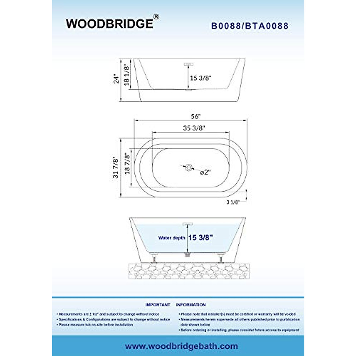 WOODBRIDGE 56" Acrylic Freestanding Bathtub Contemporary Soaking White Tub with Chrome Overflow and Drain，B0088--C--Drain&O
