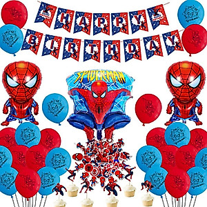 Spiderman Party Decorations Favors Birthday– Spiderman Happy Birthday Banner, Foil Latex Balloons, Cupcake Toppers, Stickers Superhero Birthday Party Supplies